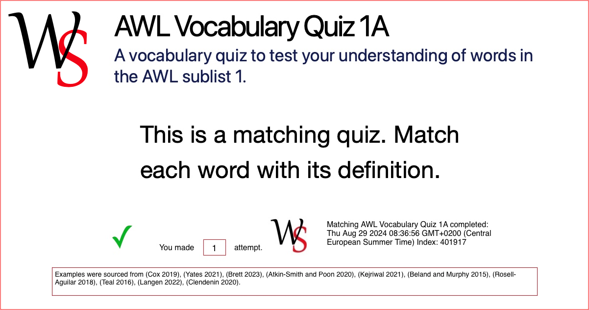 AWL Sublist 1 Vocabulary Quiz 1A | Writing Support