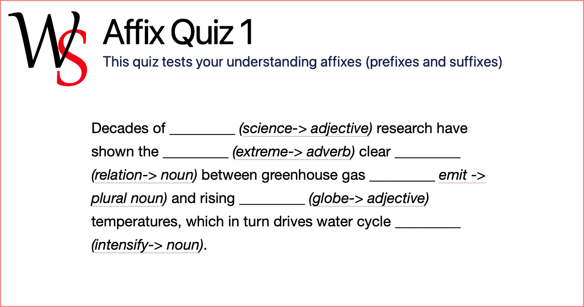 Affixes Quiz 1 | Writing Support