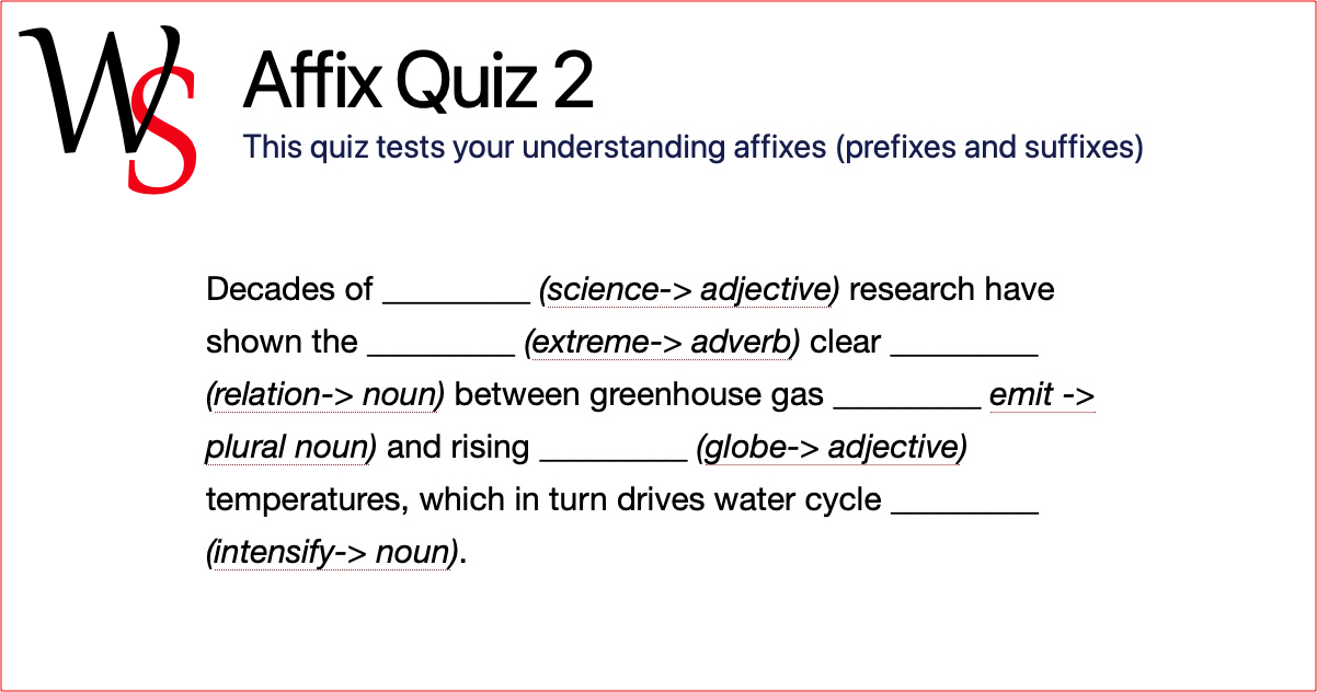 Affixes Quiz 2 | Writing Support