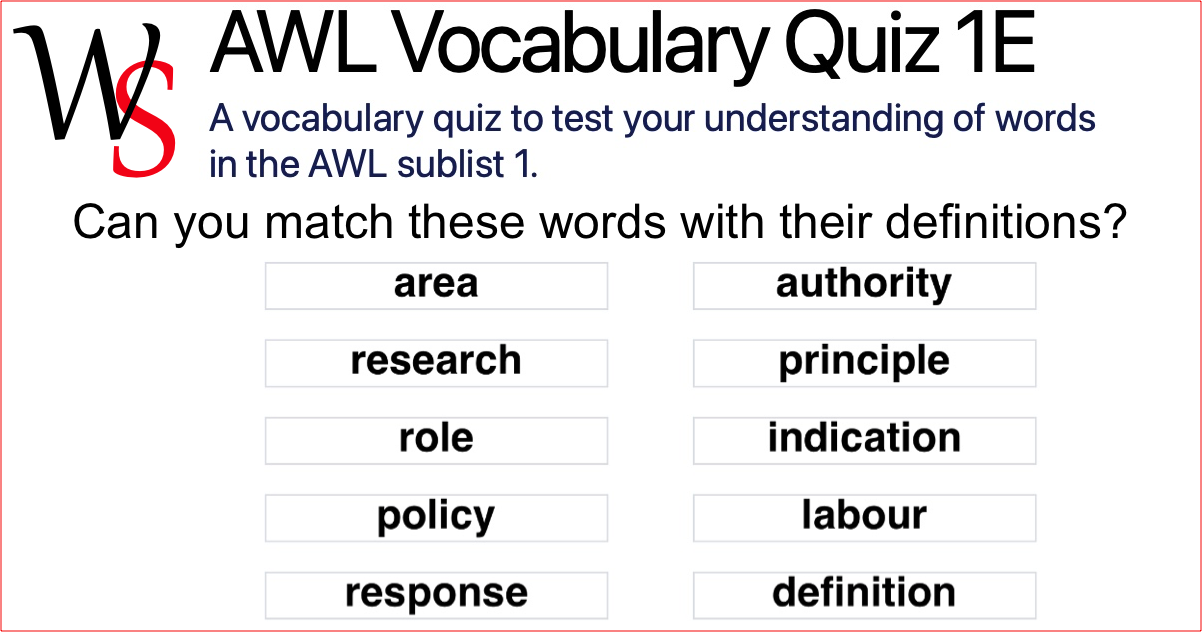 AWL Sublist 1 Vocabulary Quiz 1E | Writing Support