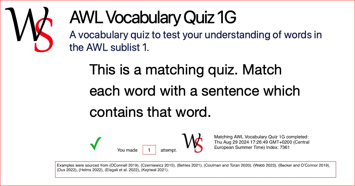 AWL Sublist 1 Vocabulary Quiz 1G | Writing Support