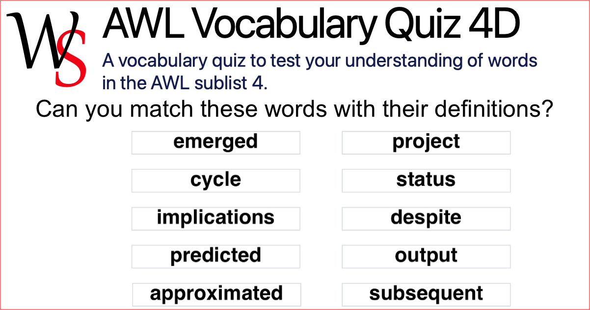 AWL Sublist 4 Vocabulary Quiz 4D | Writing Support