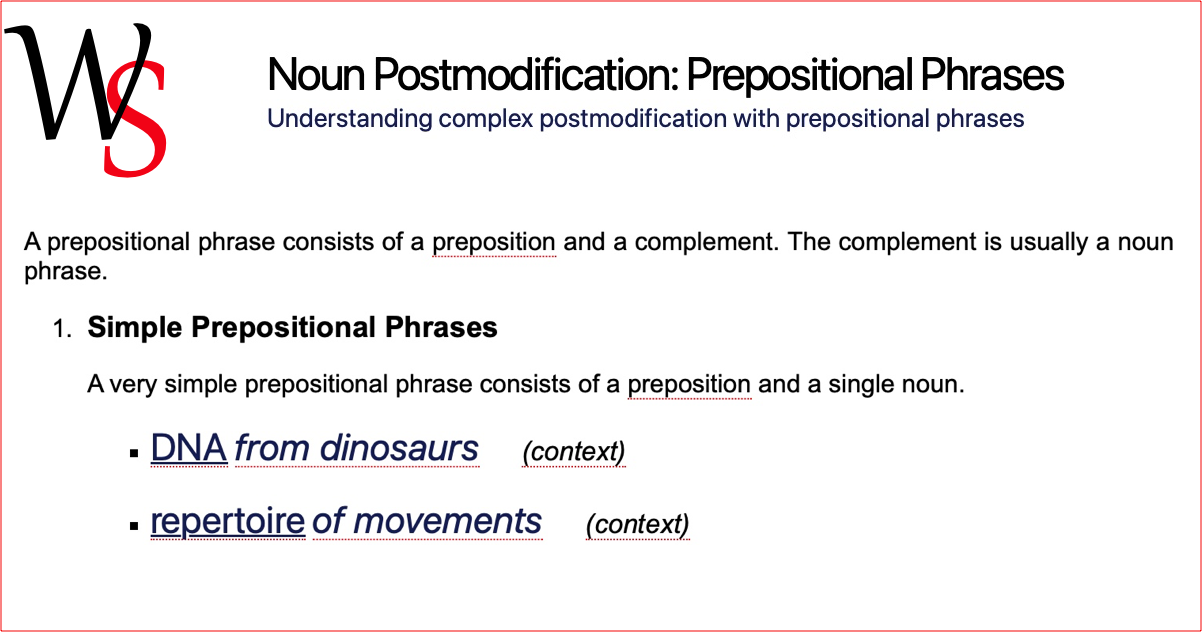 Prepositional Phrases | Noun Phrase Postmodification | Writing Support